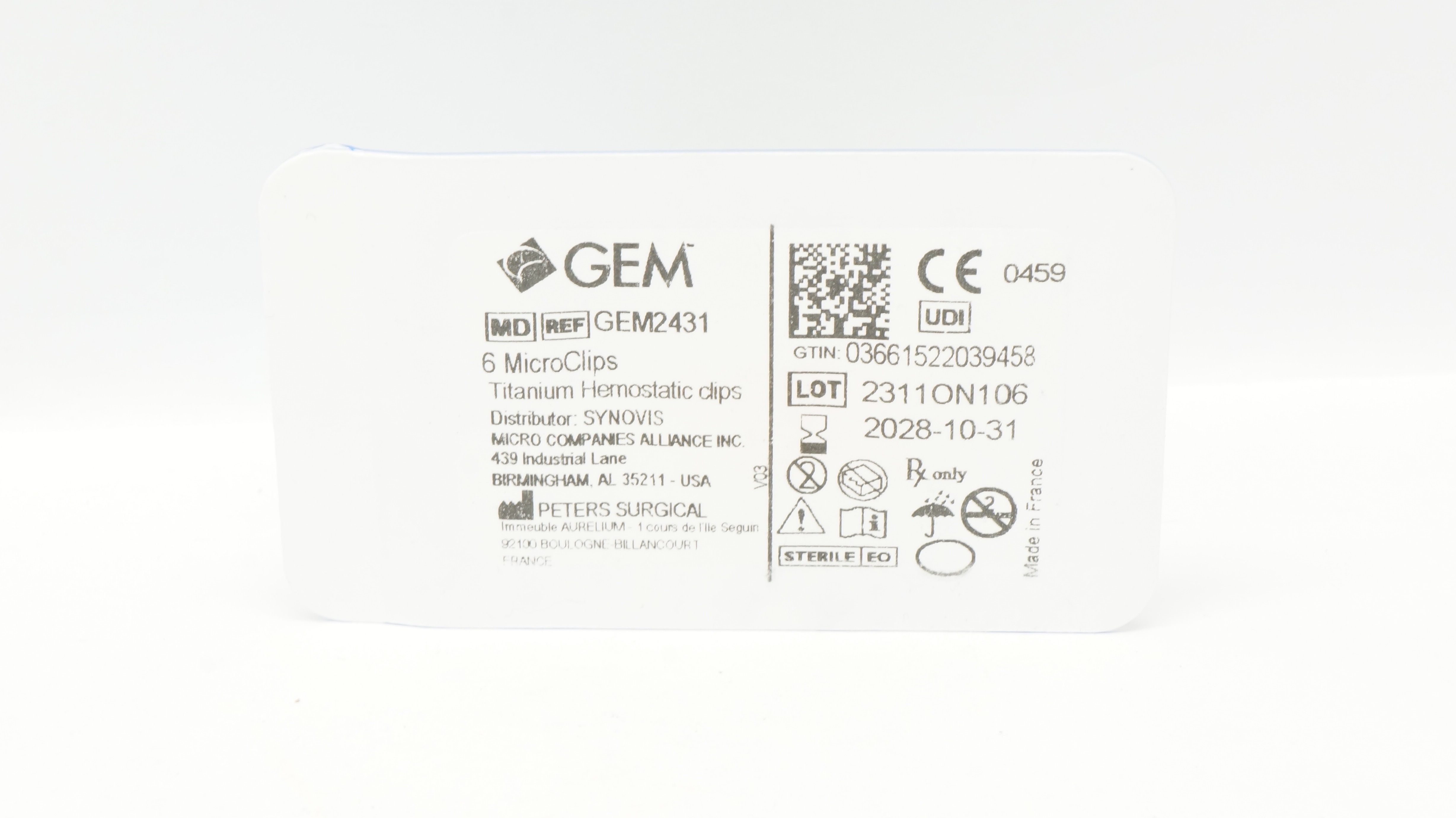 Peters Surgical GEM2431 6 MicroClips Titanium Hemostatic Clips